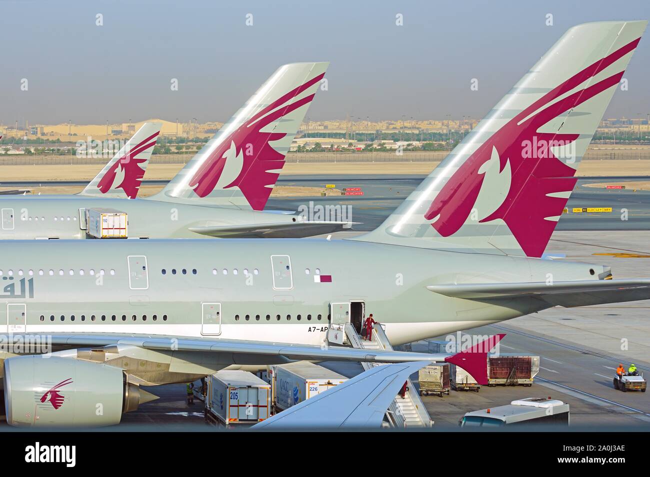 DOHA, QATAR -17 JUN 2019- View of airplanes from Qatar Airways (QR) at ...