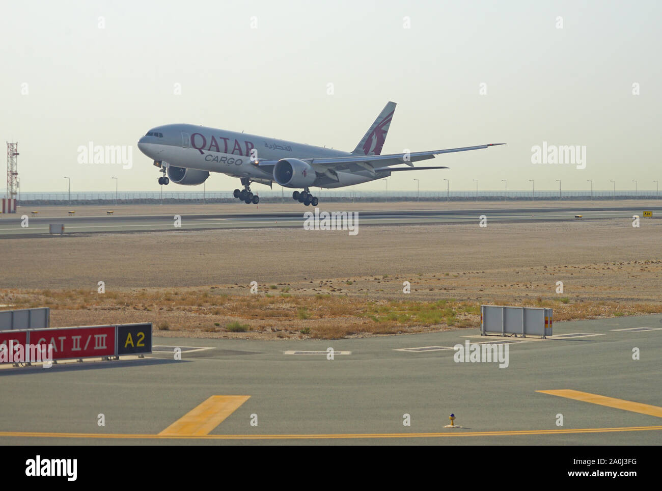 DOHA, QATAR -17 JUN 2019- View of an airplane from Qatar Airways cargo ...