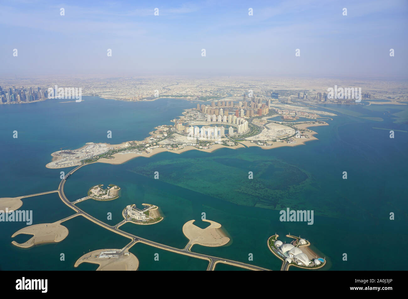 DOHA, QATAR -17 JUN 2019- Aerial view of Doha and the Pearl Qatar area ...