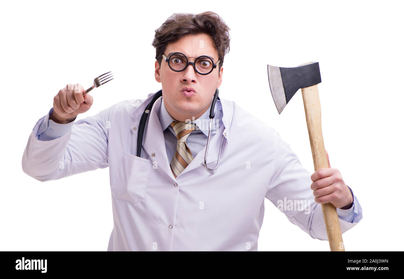 The funny doctor with axe isolated on white Stock Photo - Alamy