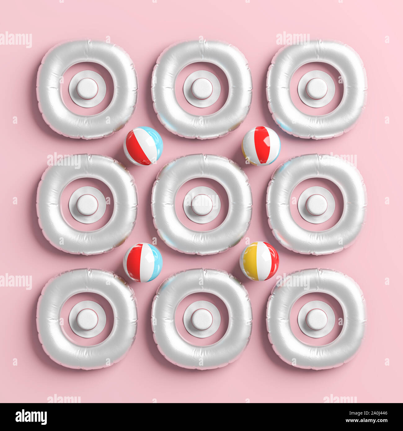 Travel concept background design with float rings and sea balls. 3D ...