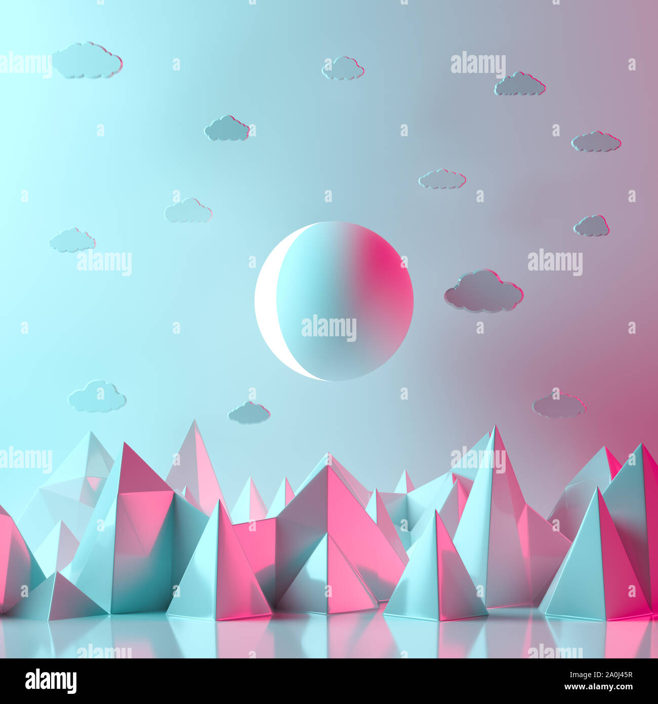 Surrealist background design with moon and mountains. 3D illustration ...