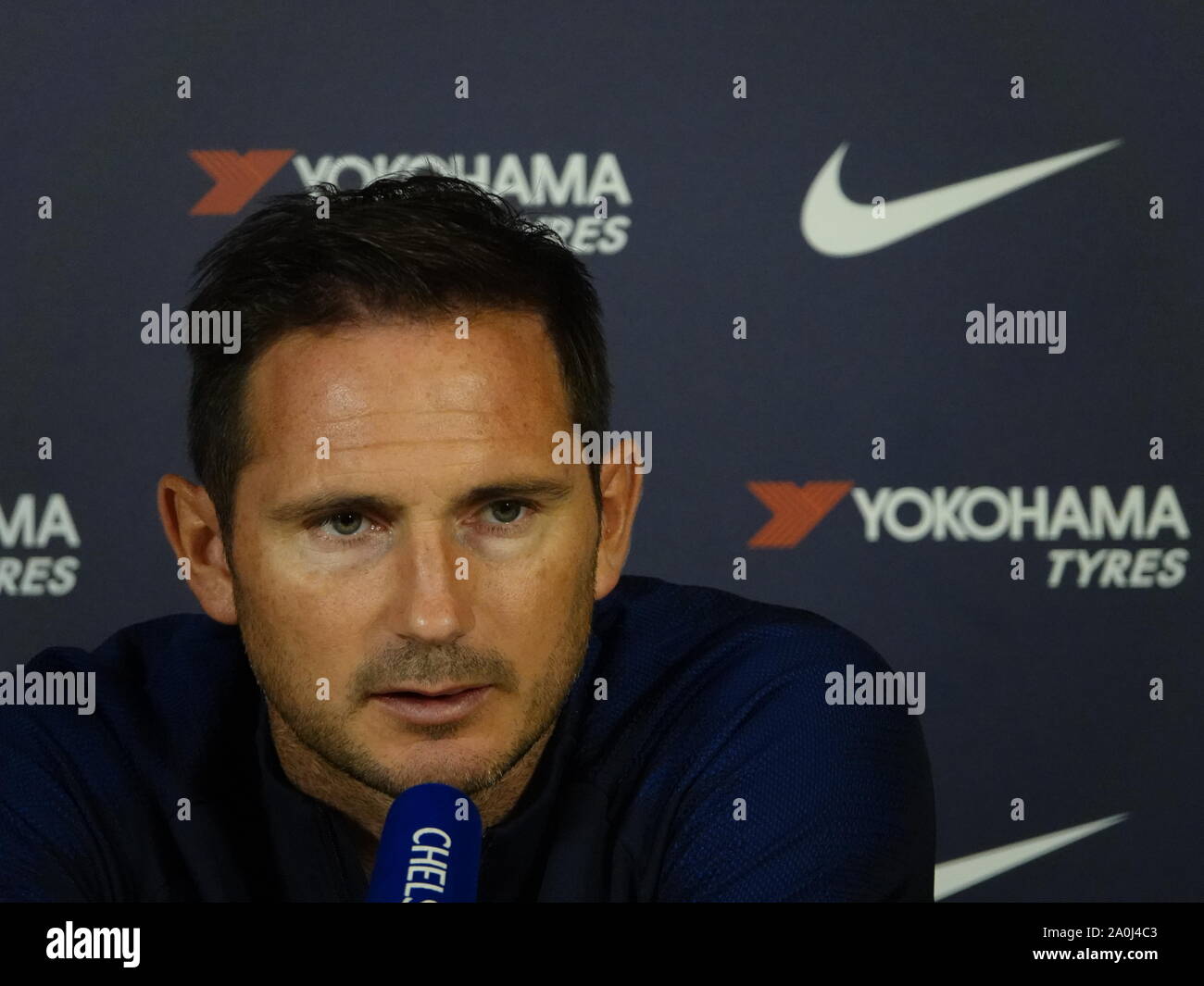 Surrey, UK. Frank Lampard, Chelsea Football Club Manager addresses the ...