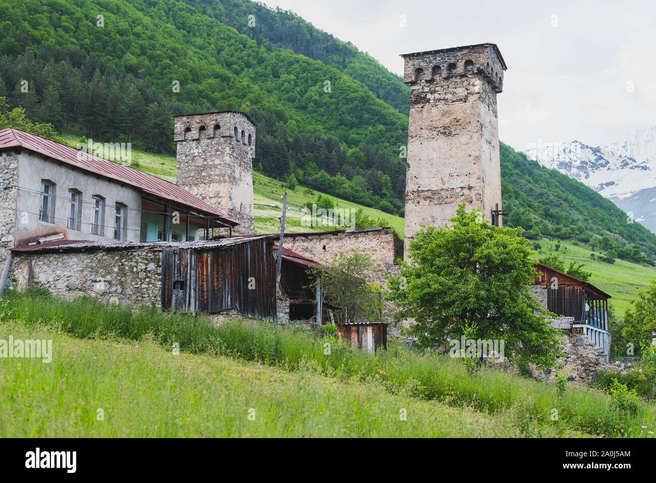 Medieval stone defensive towers of Mestia, Svaneti, Georgia with ...