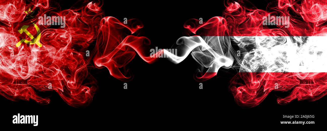 Communist vs Austria, Austrian abstract smoky mystic flags placed side ...