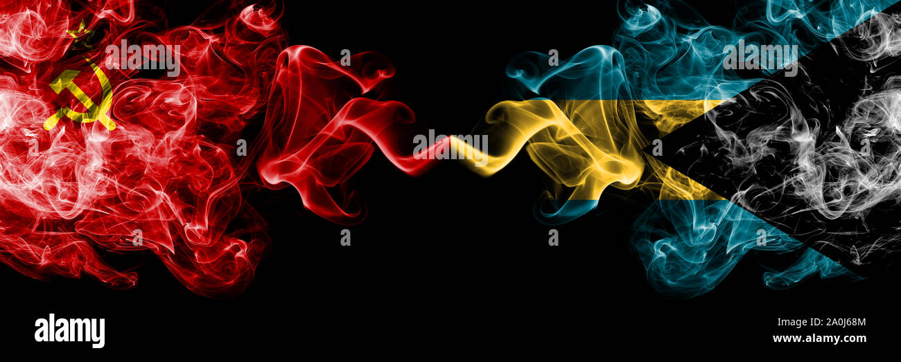 Communist vs Bahamas, Bahamian abstract smoky mystic flags placed side ...