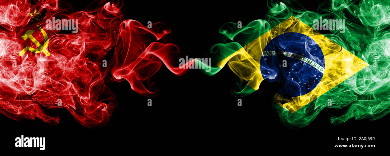 Communist vs Brazil, Brazilian abstract smoky mystic flags placed side ...