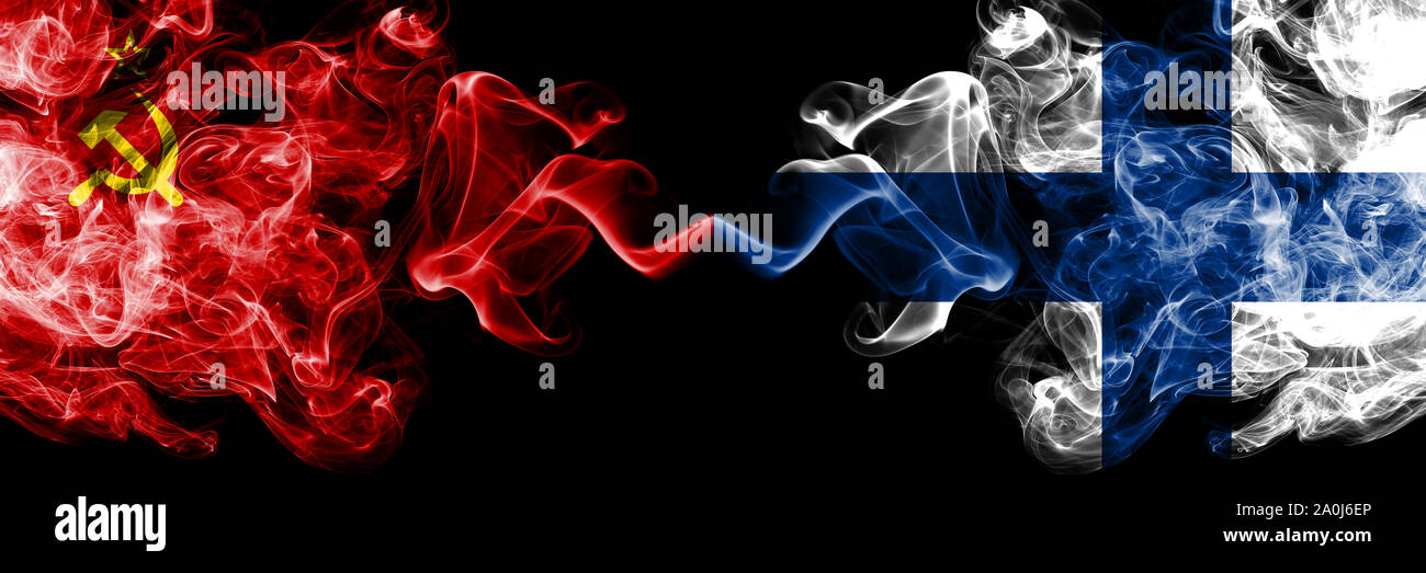 Communist vs Finland, FInnish abstract smoky mystic flags placed side ...