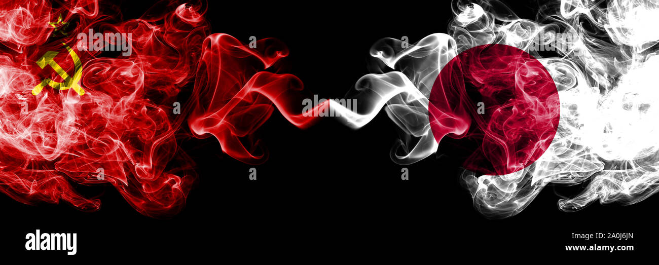 Communist vs Japan, Japanese abstract smoky mystic flags placed side by ...