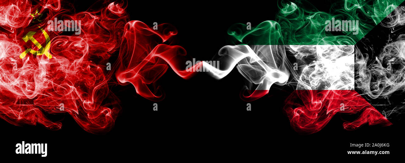 Communist vs Kuwait, Kuwaiti abstract smoky mystic flags placed side by ...