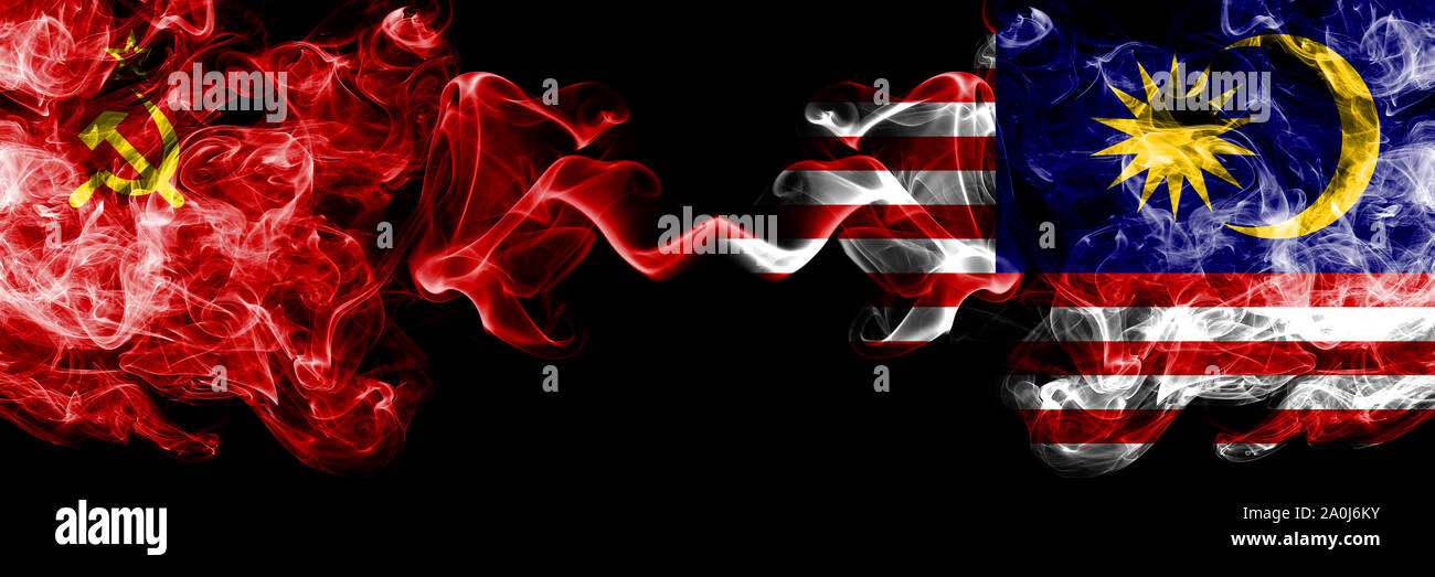 Communist vs Malaysia, Malaysian abstract smoky mystic flags placed ...