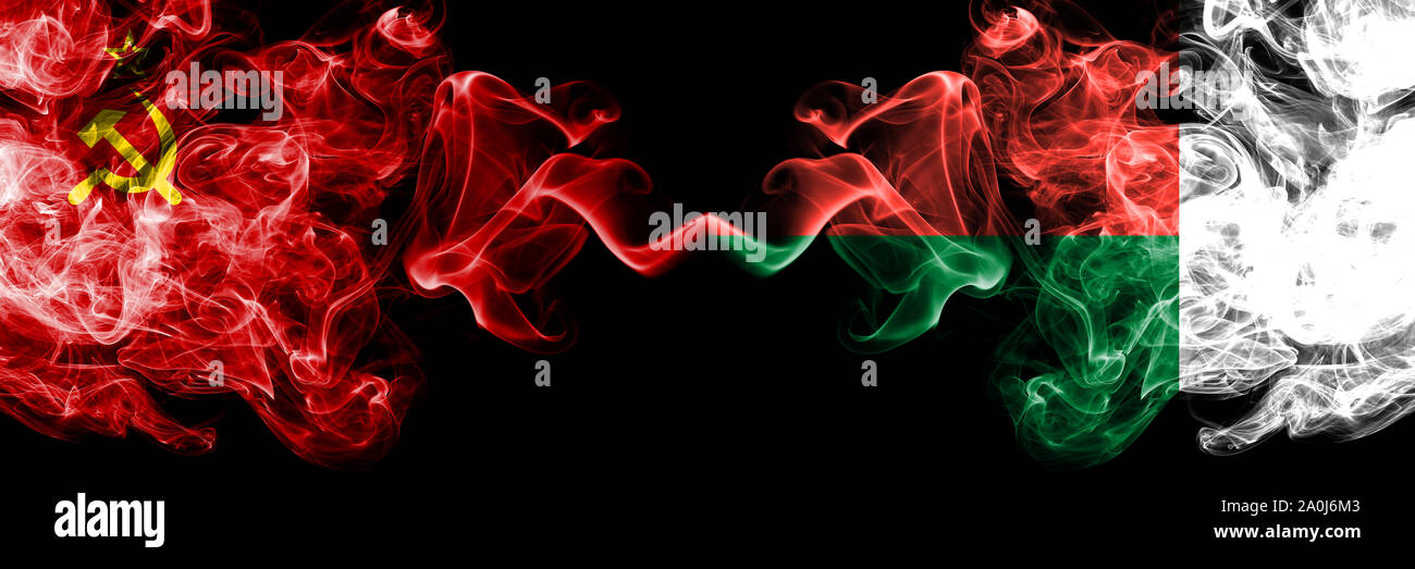 Communist vs Madagascar, Madagascan abstract smoky mystic flags placed ...