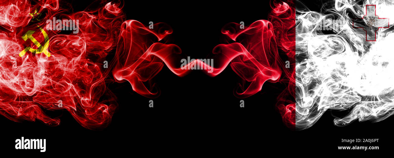 Communist vs Malta, Maltese abstract smoky mystic flags placed side by ...