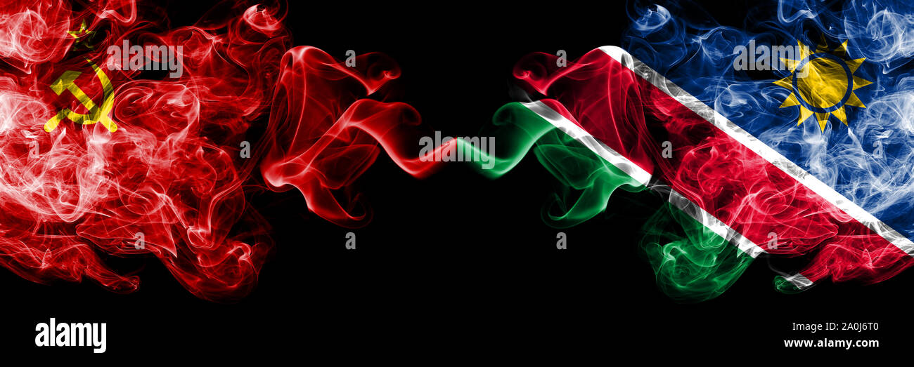 Communist vs Namibia, Namibian abstract smoky mystic flags placed side ...