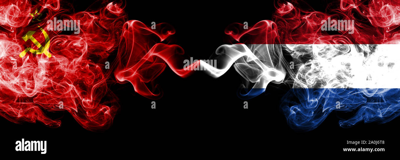 Communist vs Netherlands, Dutch abstract smoky mystic flags placed side ...