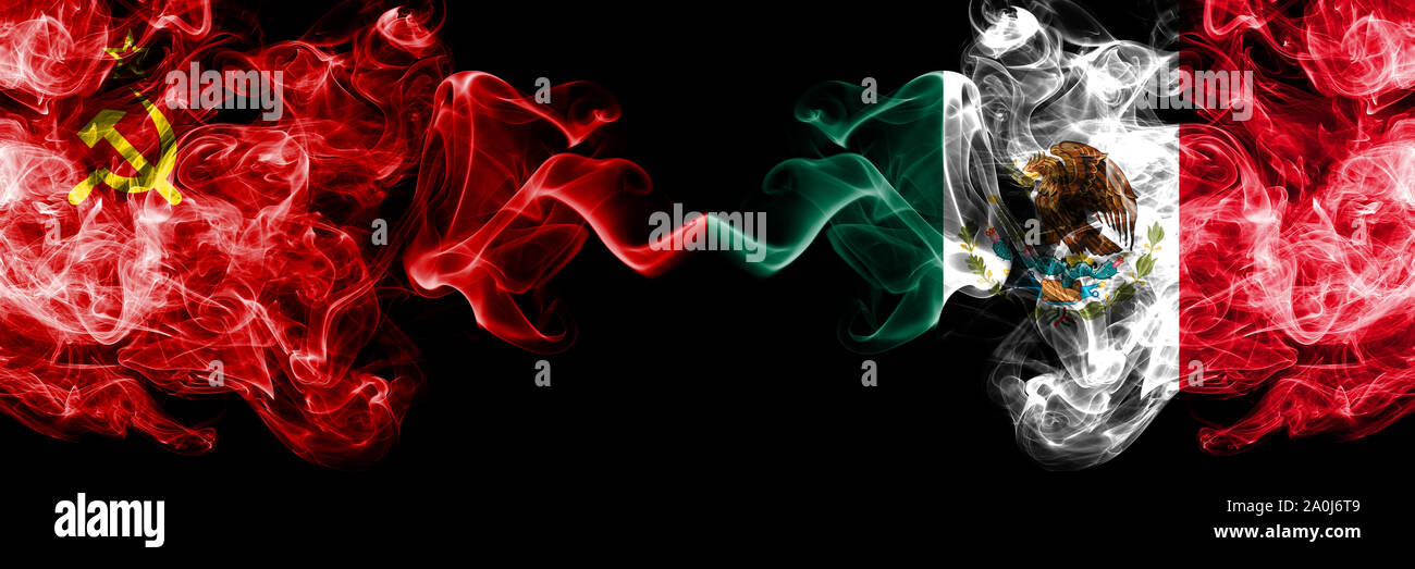 Communist vs Mexico, Mexican abstract smoky mystic flags placed side by ...