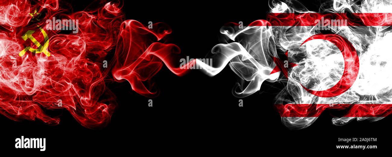 Communist vs Northern Cyprus abstract smoky mystic flags placed side by ...