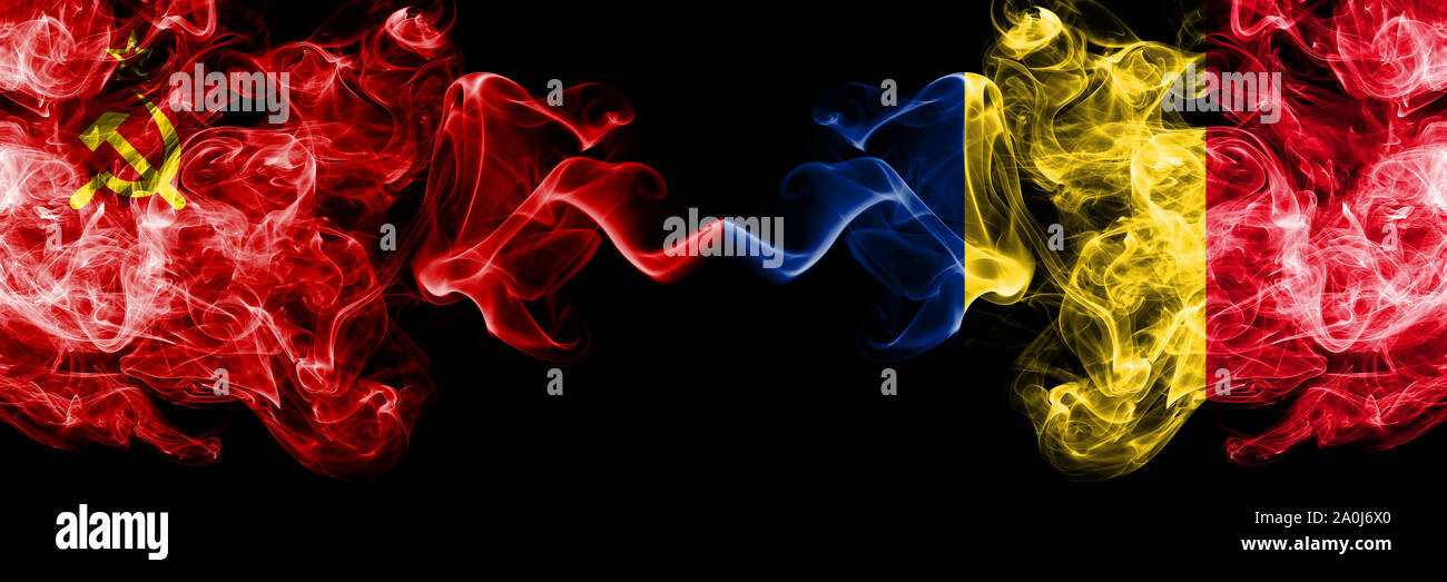 Communist vs Romania, Romanian abstract smoky mystic flags placed side ...