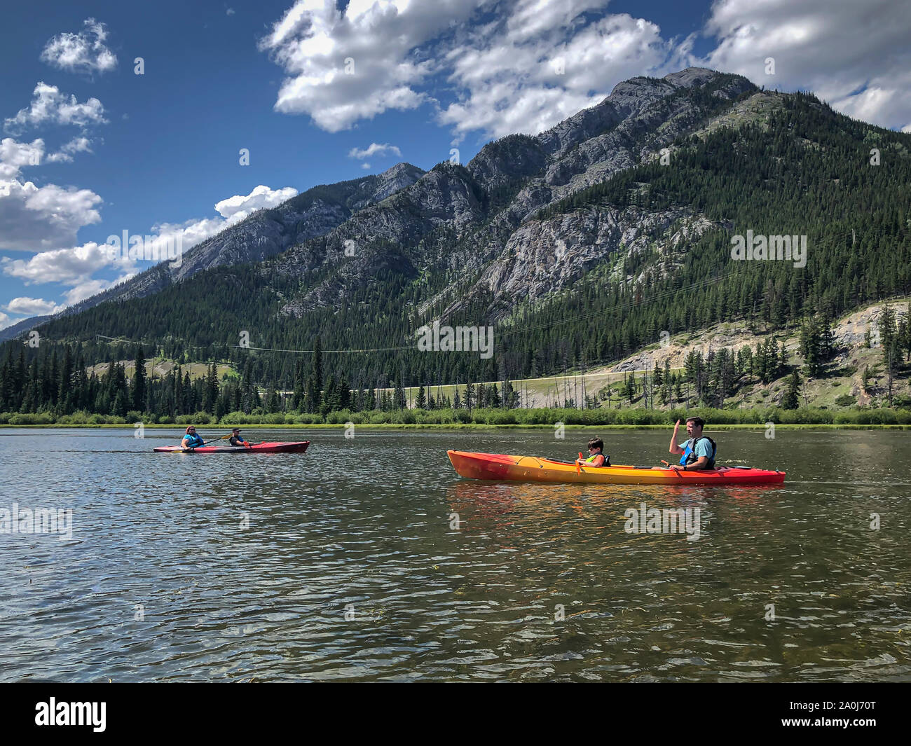 Family kayaking on Vermilion Lakes in Banff National Park Stock Photo ...