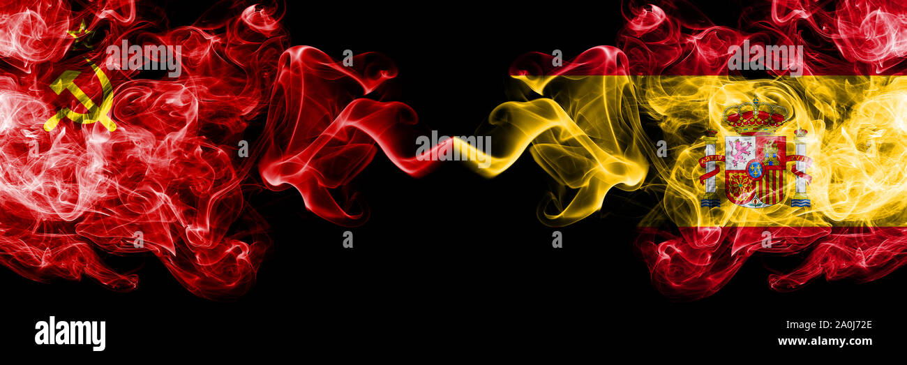Communist vs Spain, Spanish abstract smoky mystic flags placed side by ...