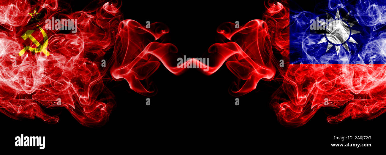 Communist vs Taiwan, Taiwanese abstract smoky mystic flags placed side ...