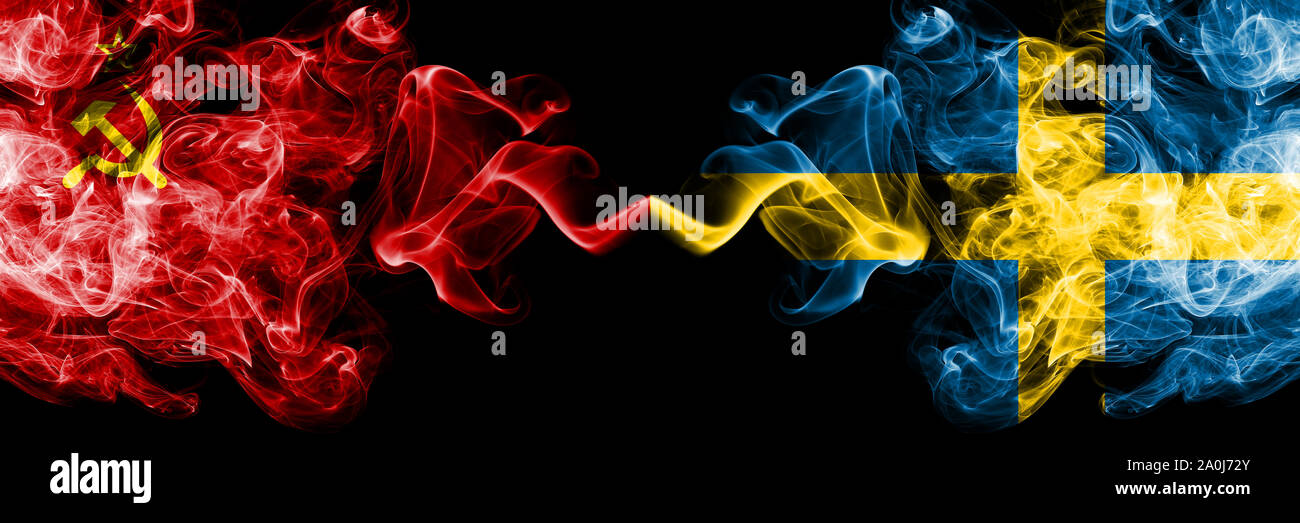Communist vs Sweden, Swedish abstract smoky mystic flags placed side by ...