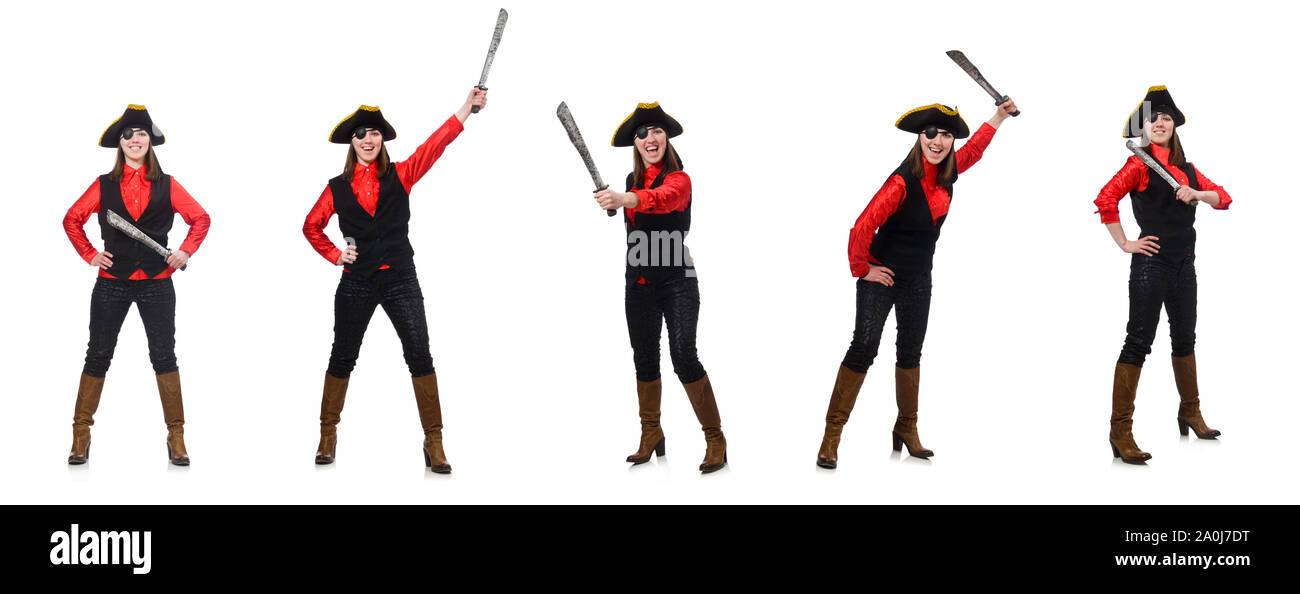 The female pirate holding sword isolated on white Stock Photo - Alamy