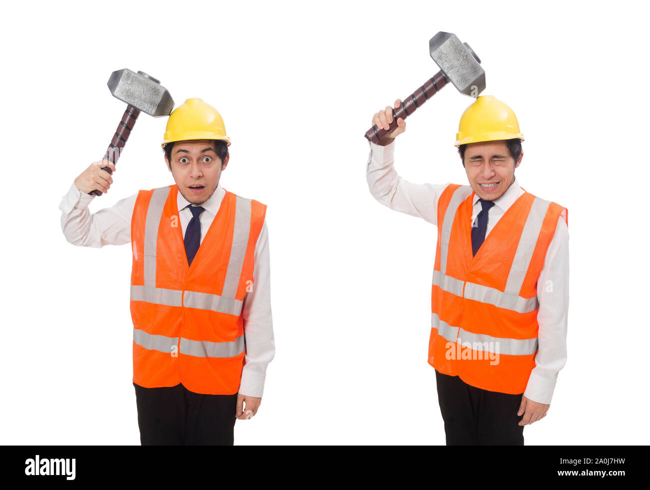 The construction worker with hammer isolated on white Stock Photo - Alamy