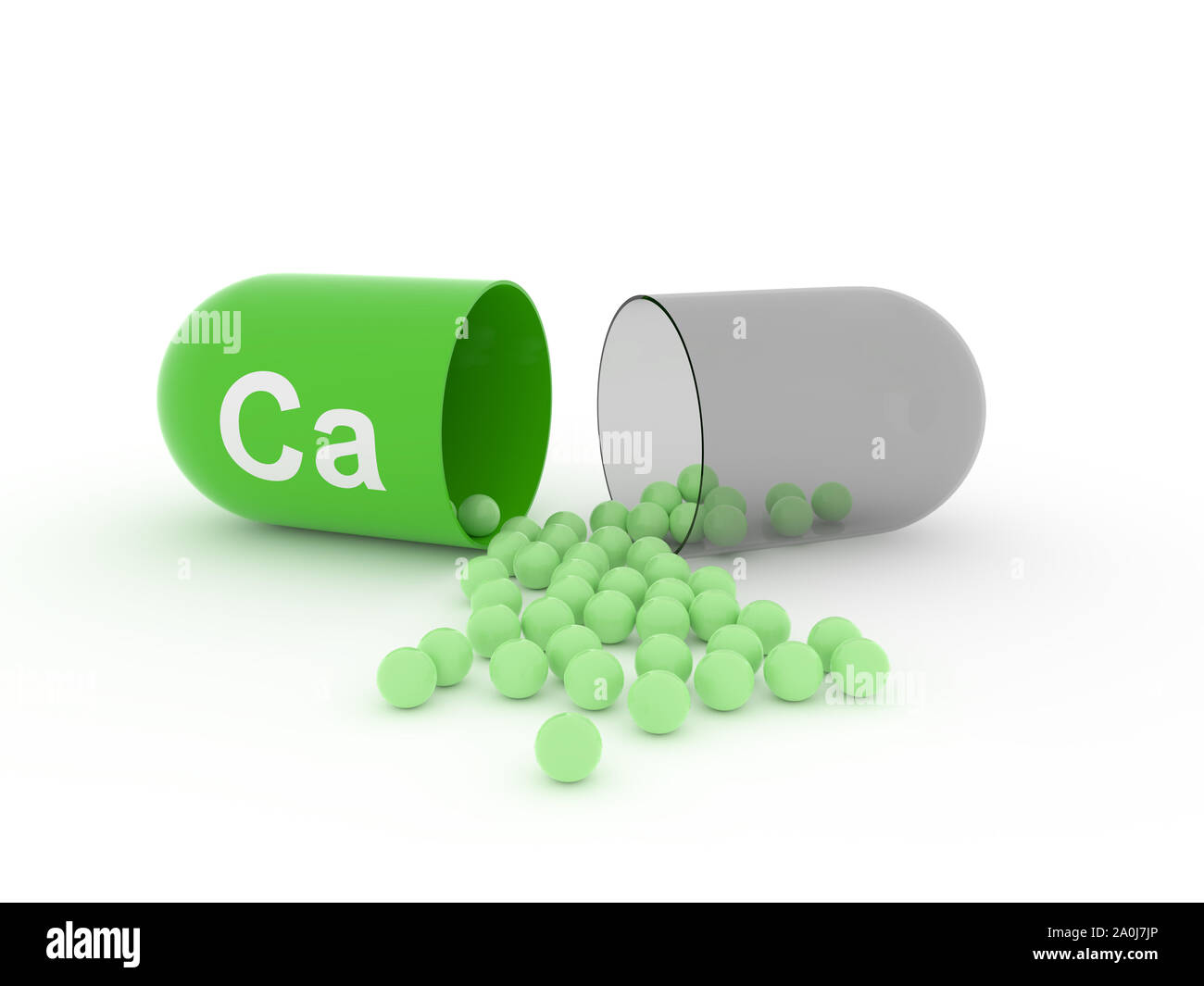 Open capsule with Ca calcium on a white table, food supplement concept ...