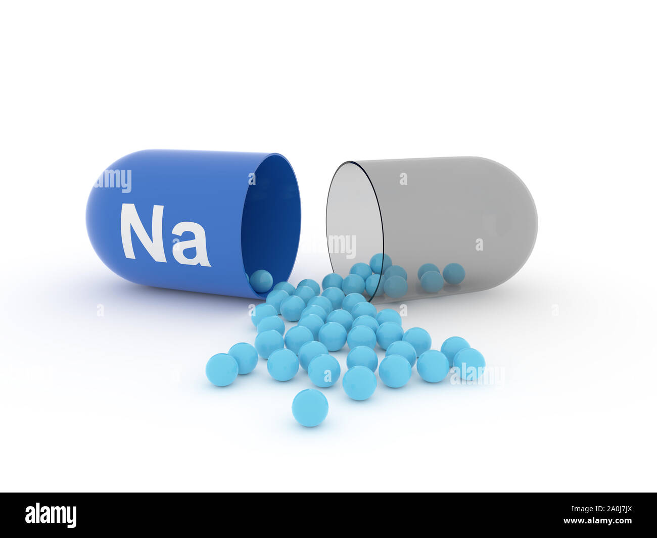 Open capsule with Na Sodium on a white table, food supplement concept ...