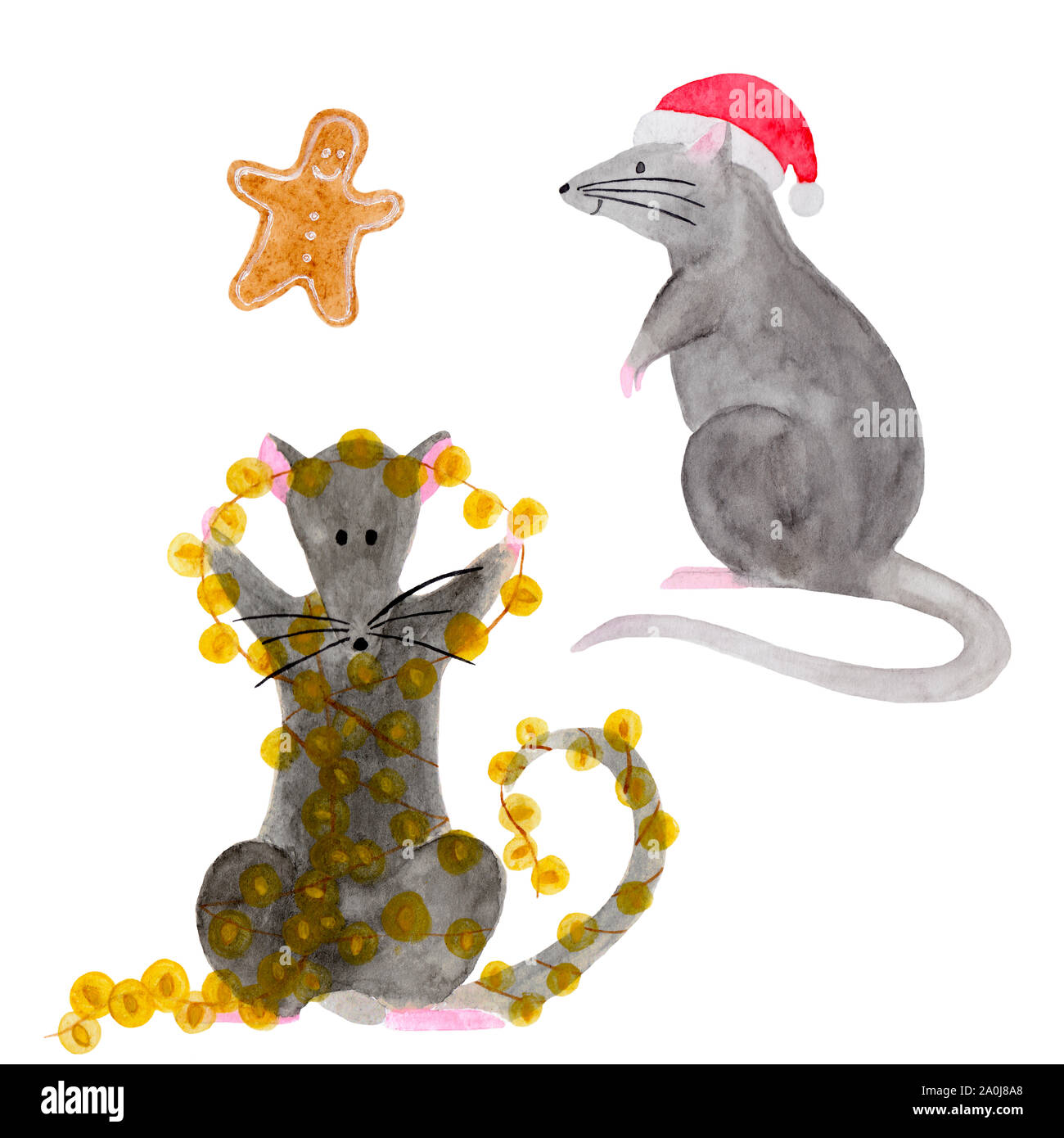 Watercolor set of Christmas rats isolated on white background. Hand ...