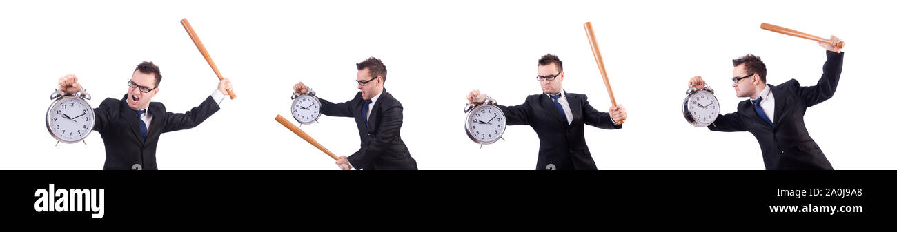 The man hitting the clock with baseball bat isolated on the white Stock ...