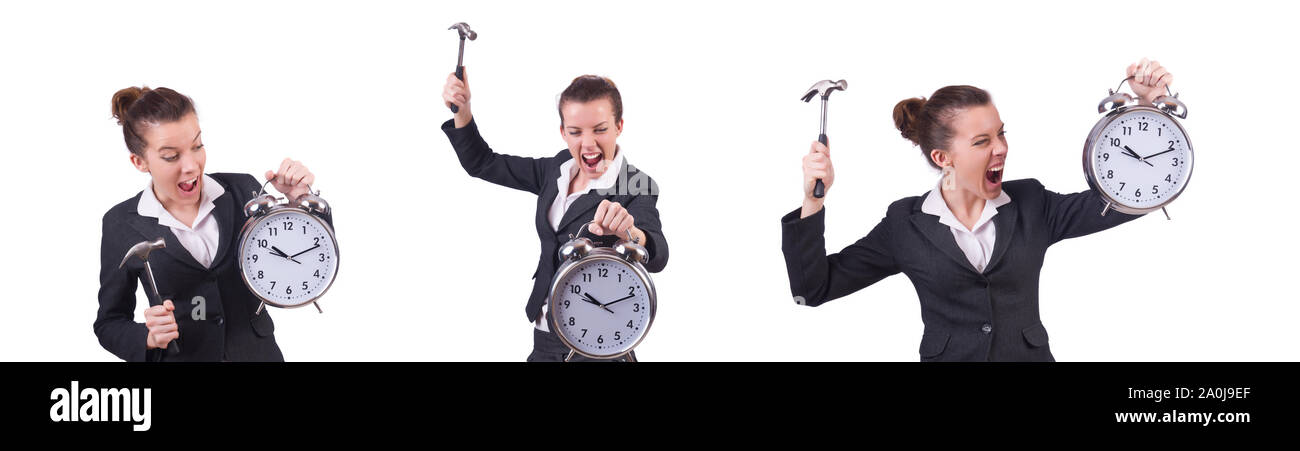 Woman trying to break clock Stock Photo - Alamy