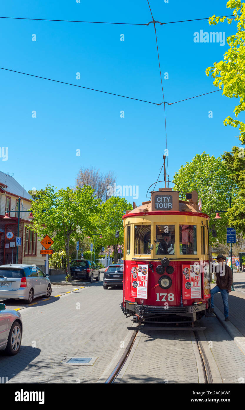 CHRISTCHURCH, NEW ZEALAND - OCTOBER 18, 2018: The famous classic tram ...