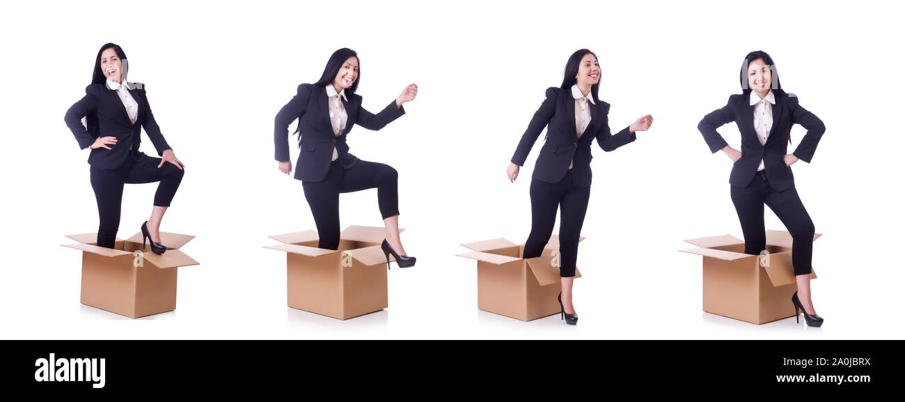 The woman with boxes on white Stock Photo - Alamy