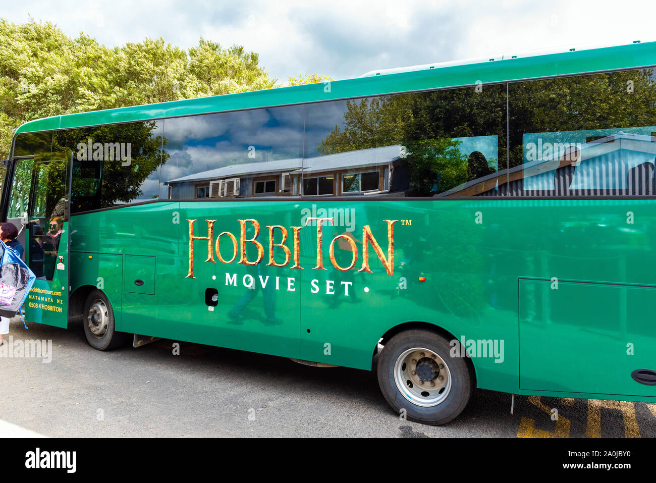MATAMATA, NEW ZEALAND - OCTOBER 10, 2018: Tourist bus in Hobbiton Movie ...