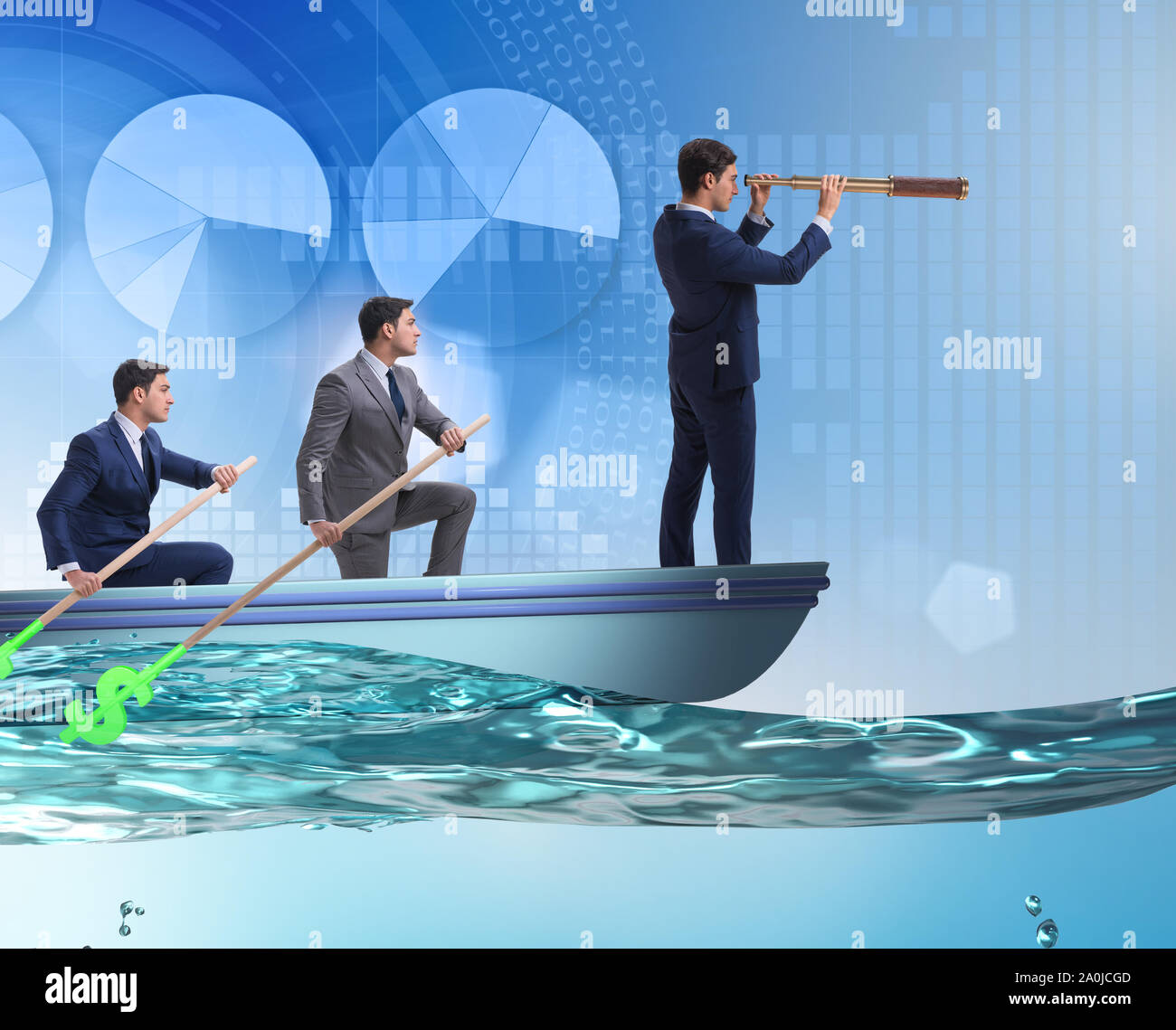 The team of businessmen in teamwork concept with boat Stock Photo - Alamy