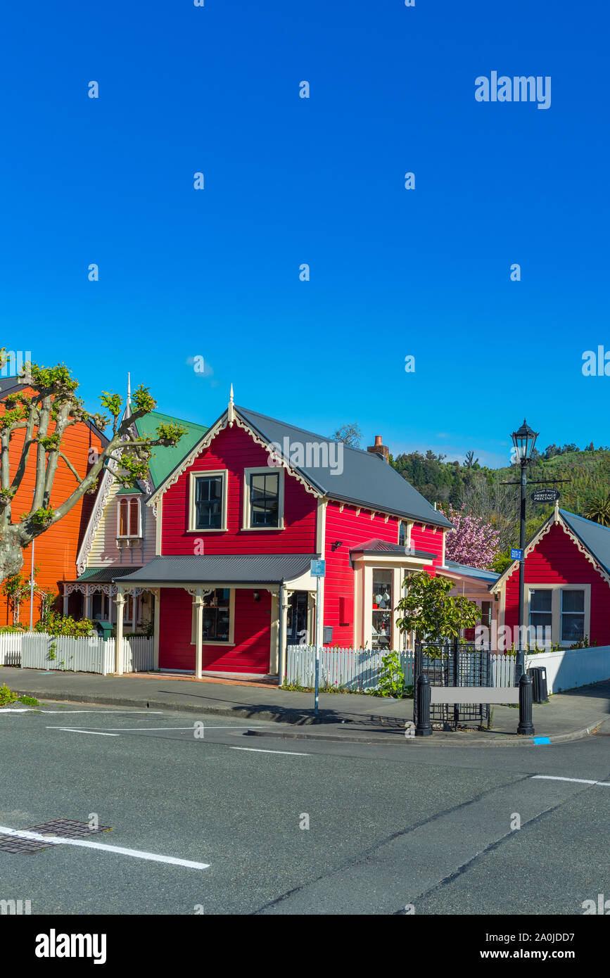 View of buildings on a historic south street, Nelson, New Zealand ...