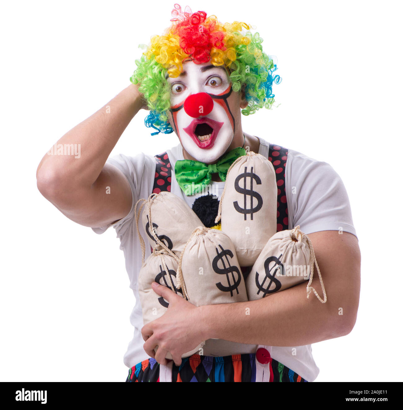 The funny clown with money sacks bags isolated on white background ...