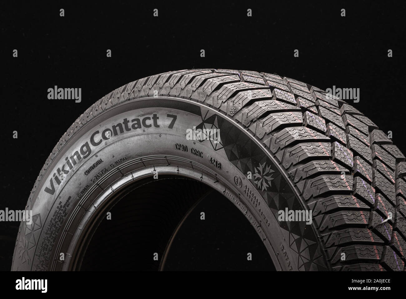 Continental Viking Contact 7-logo on the side of the tire closeup. one ...