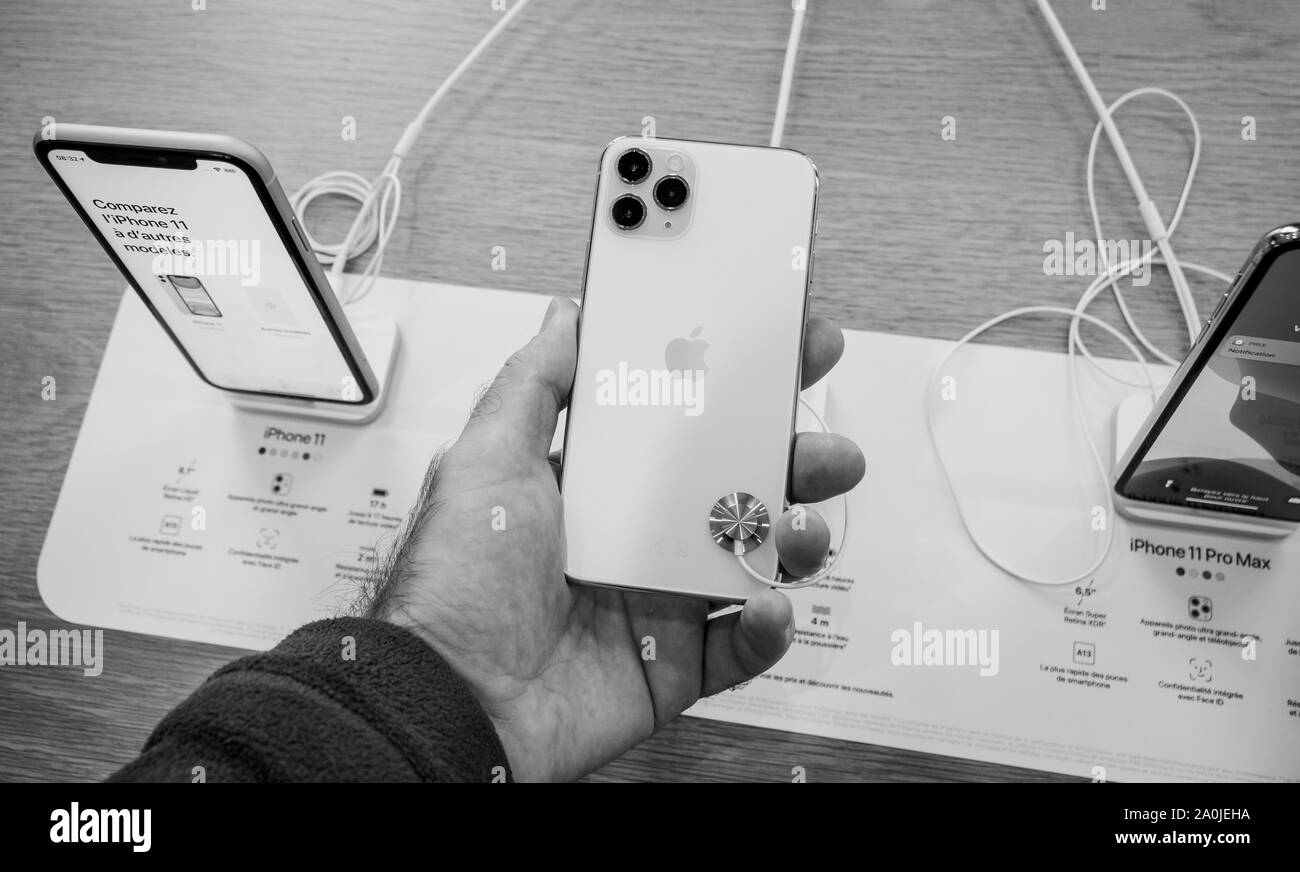 Paris, France - Sep 20, 2019: The new iPhone 11, 11 Pro and Pro Max are ...