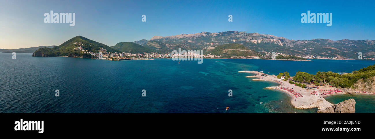 Aerial view of Sveti Nikola, Budva island, Montenegro. Hawaii beach ...