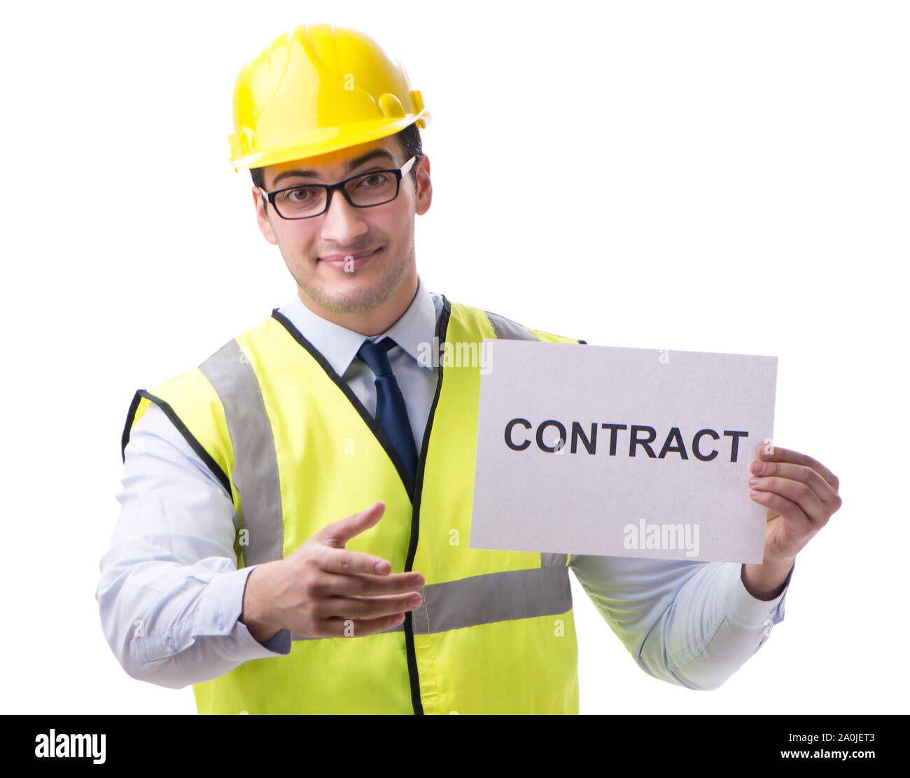 Construction supervisor with contract isolated on white background ...