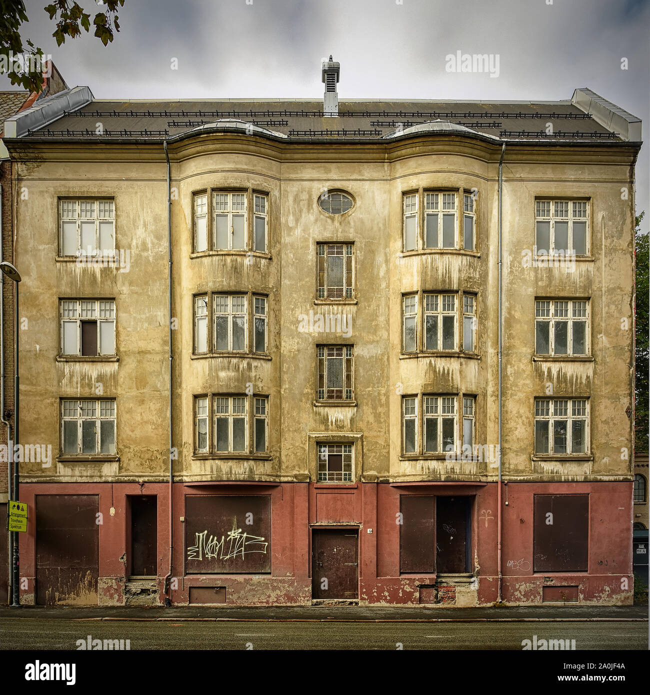 TRONDHEIM, NORWAY - SEPTEMBER 07, 2019: The front facade of a derelict ...