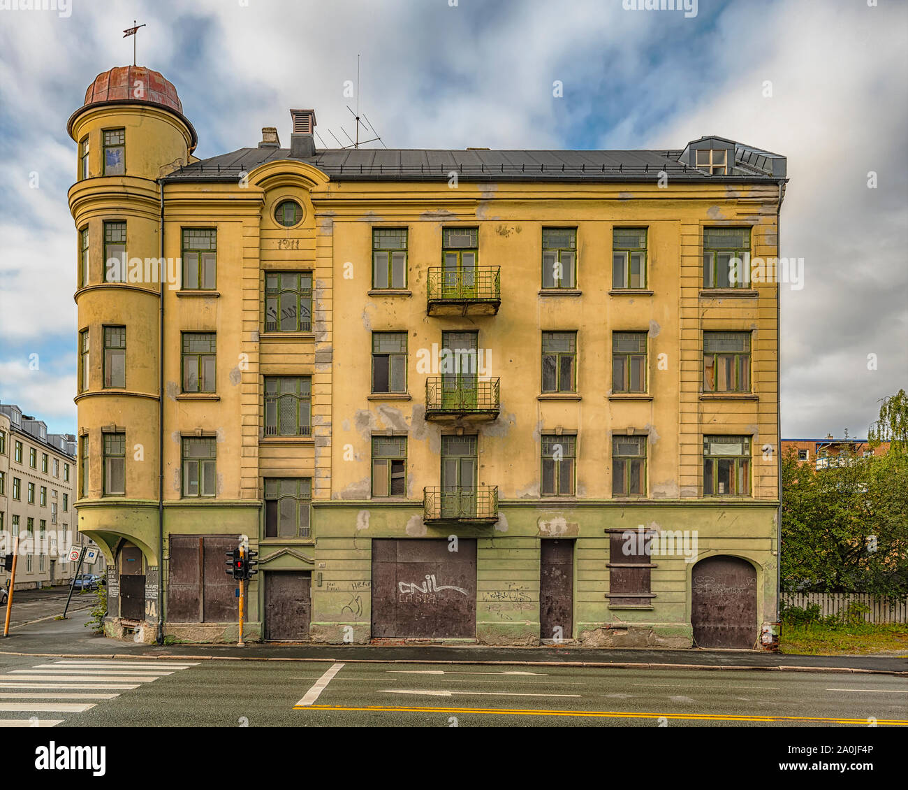 TRONDHEIM, NORWAY - SEPTEMBER 07, 2019: The main street facade of a ...