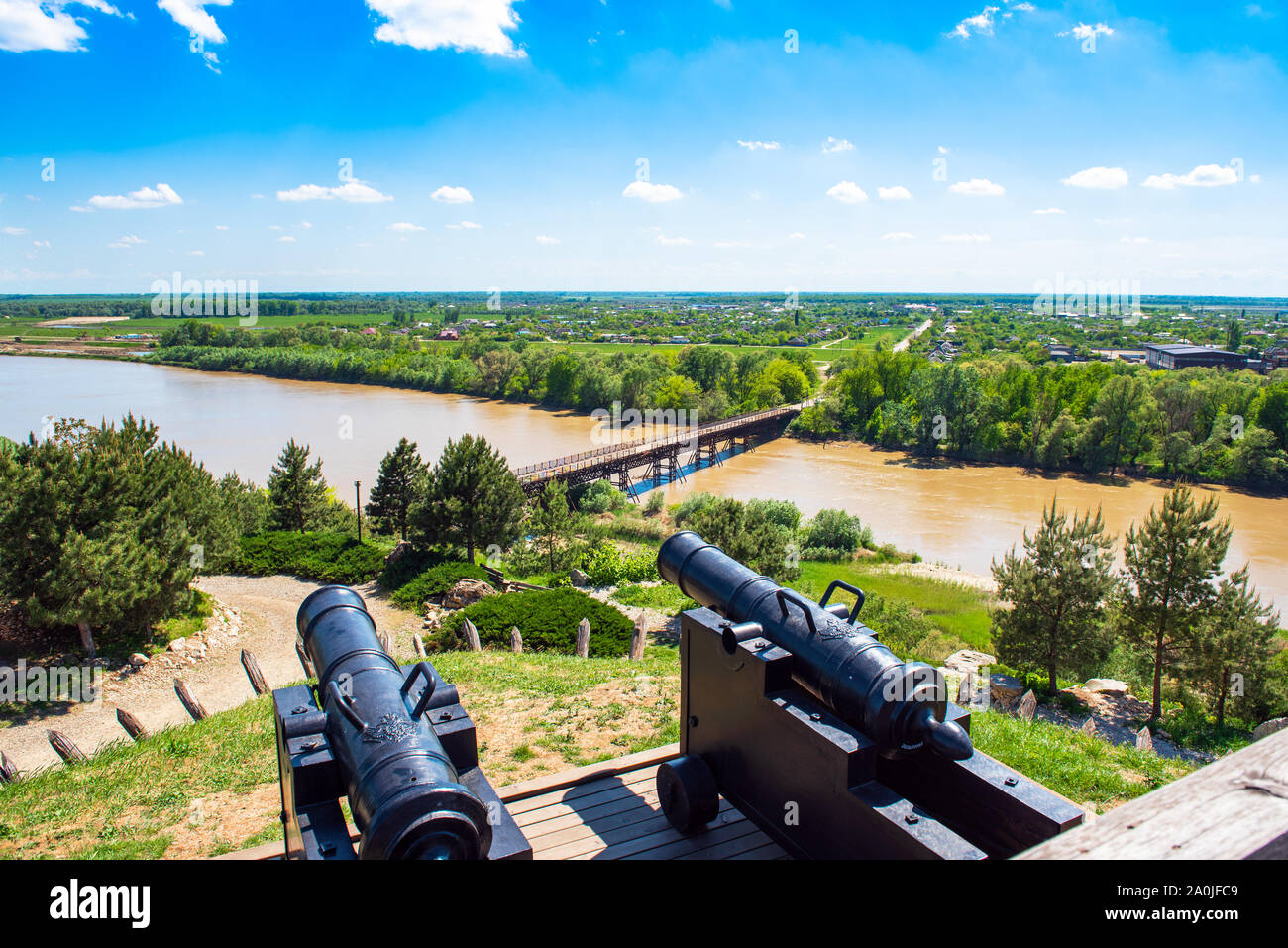 Cannon on the background of the Kuban river, Ust Labinsk, Russia Stock ...