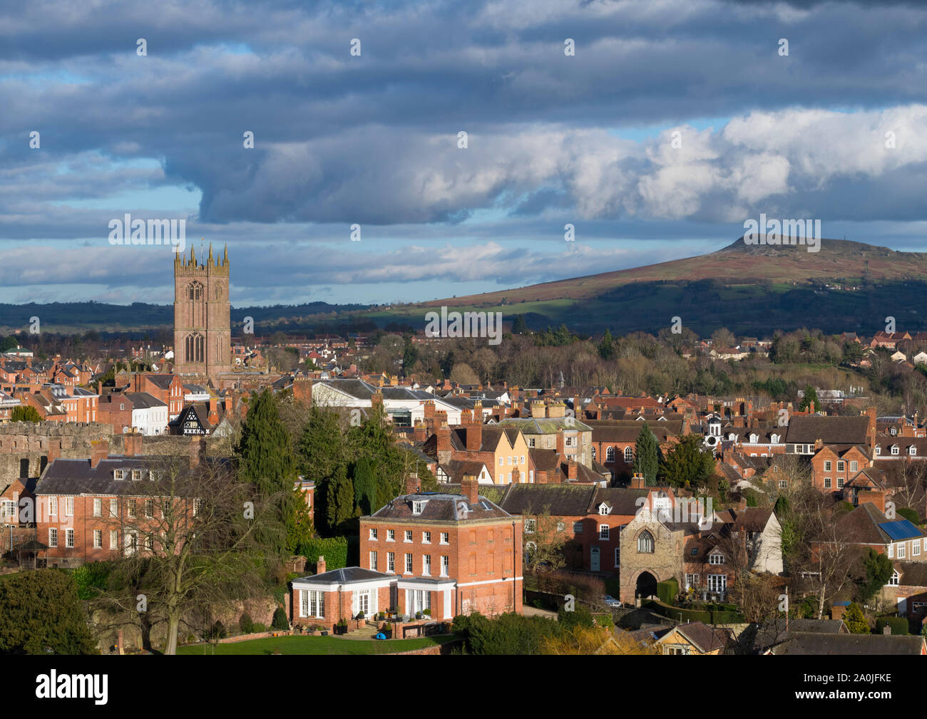 St Laurence's Church and Titterstone Clee, seen from Whitcliffe Common ...