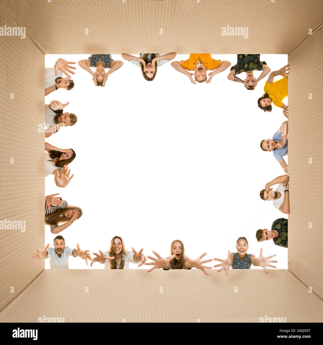 Shocked and astonished people opening the biggest postal package ...