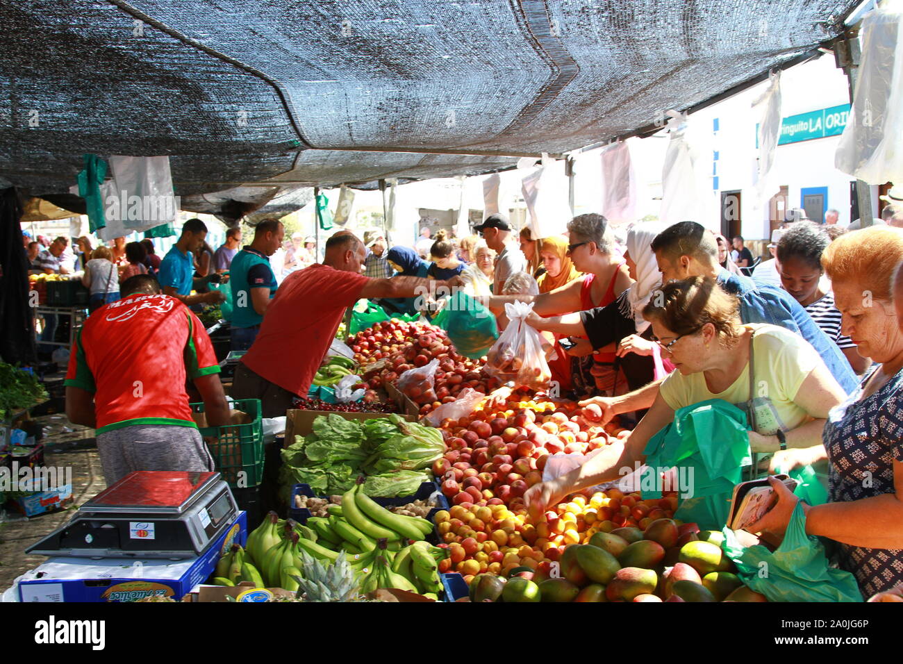 PEOPLE BUYING FRESH FOOD FRUIT AND VEGETABLES AT A MARKET IN SPAIN ...