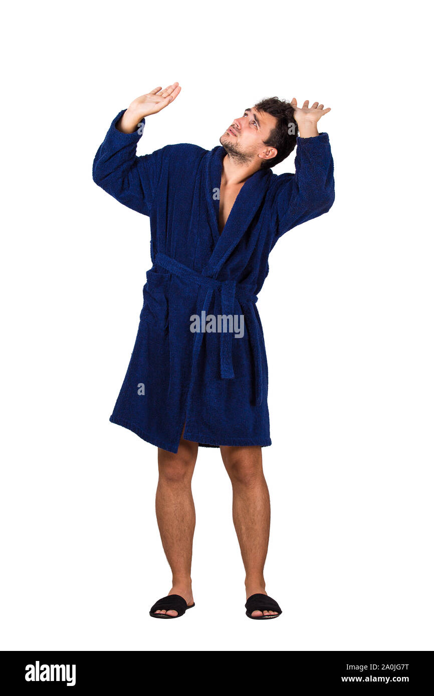 Full length portrait of scared young man messy hair, wears blue ...